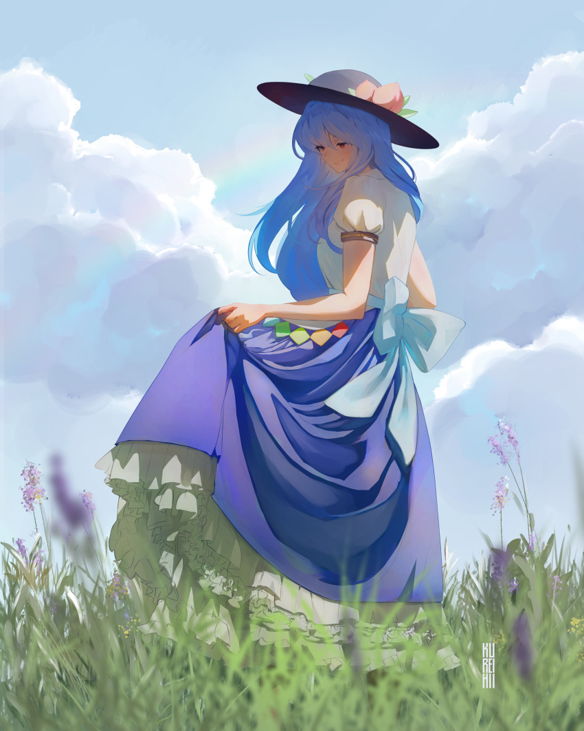 Safebooru - 1girl absurdres back bow black hat blue hair blue skirt blue sky bow clouds cloudy ...