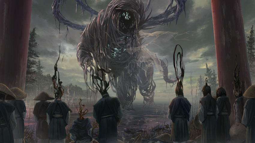 Safebooru - body hair crowd eldritch abomination hat highres monster original outdoors praying ...