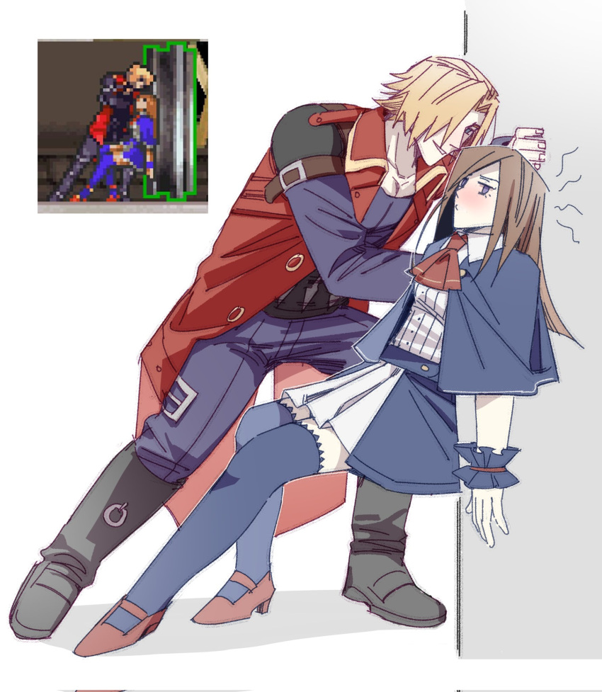 Safebooru - 1boy 1girl ascot black shirt blonde hair blue eyes blue thighhighs blush brown hair ...
