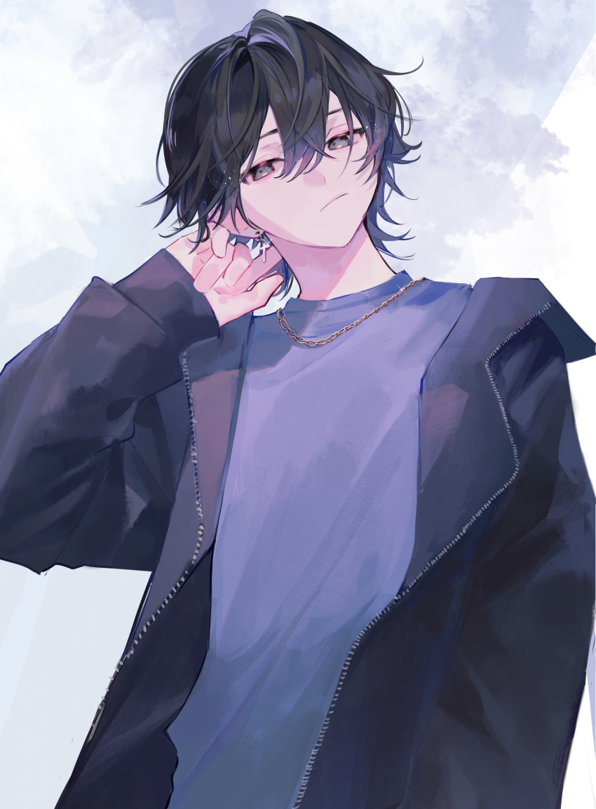 Safebooru - 1boy absurdres black eyes black hair black jacket closed mouth cross cross earrings ...