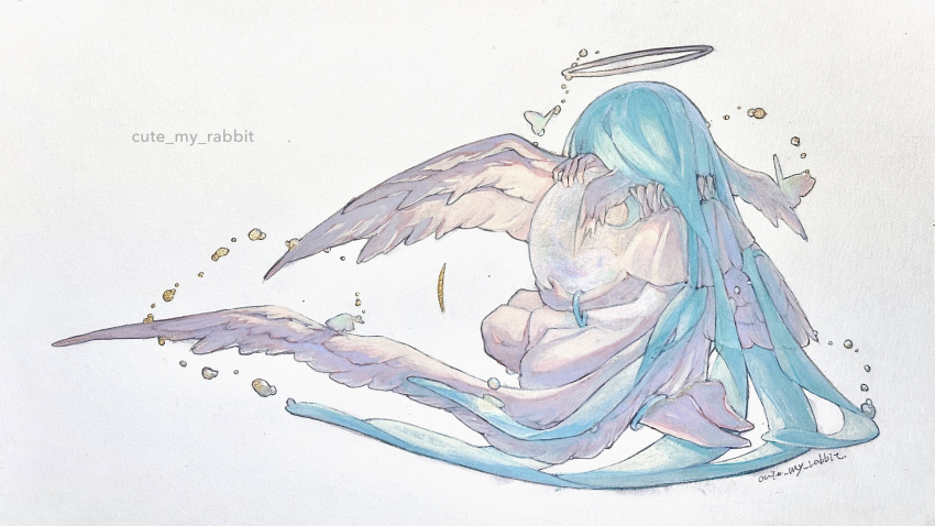 Safebooru - 1girl absurdres angel angel wings blue hair commentary request cute my rabbit dress ...