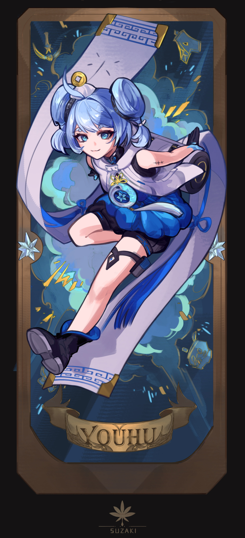 Safebooru - 1girl absurdres ahoge aqua eyes artist logo bare shoulders black boots black gloves ...