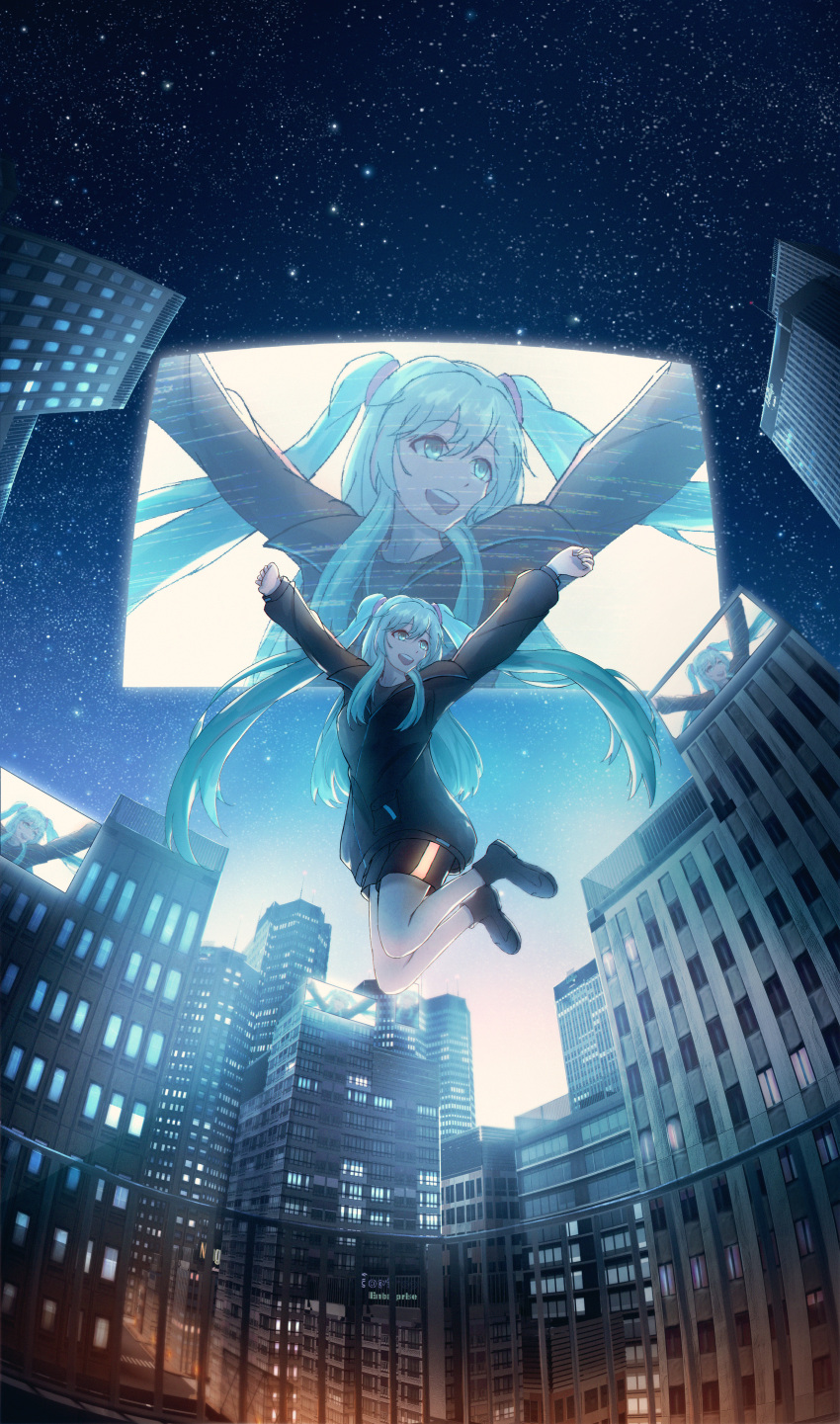 Safebooru - 1girl :d absurdres aqua eyes aqua hair arms up black jacket black shoes building ...