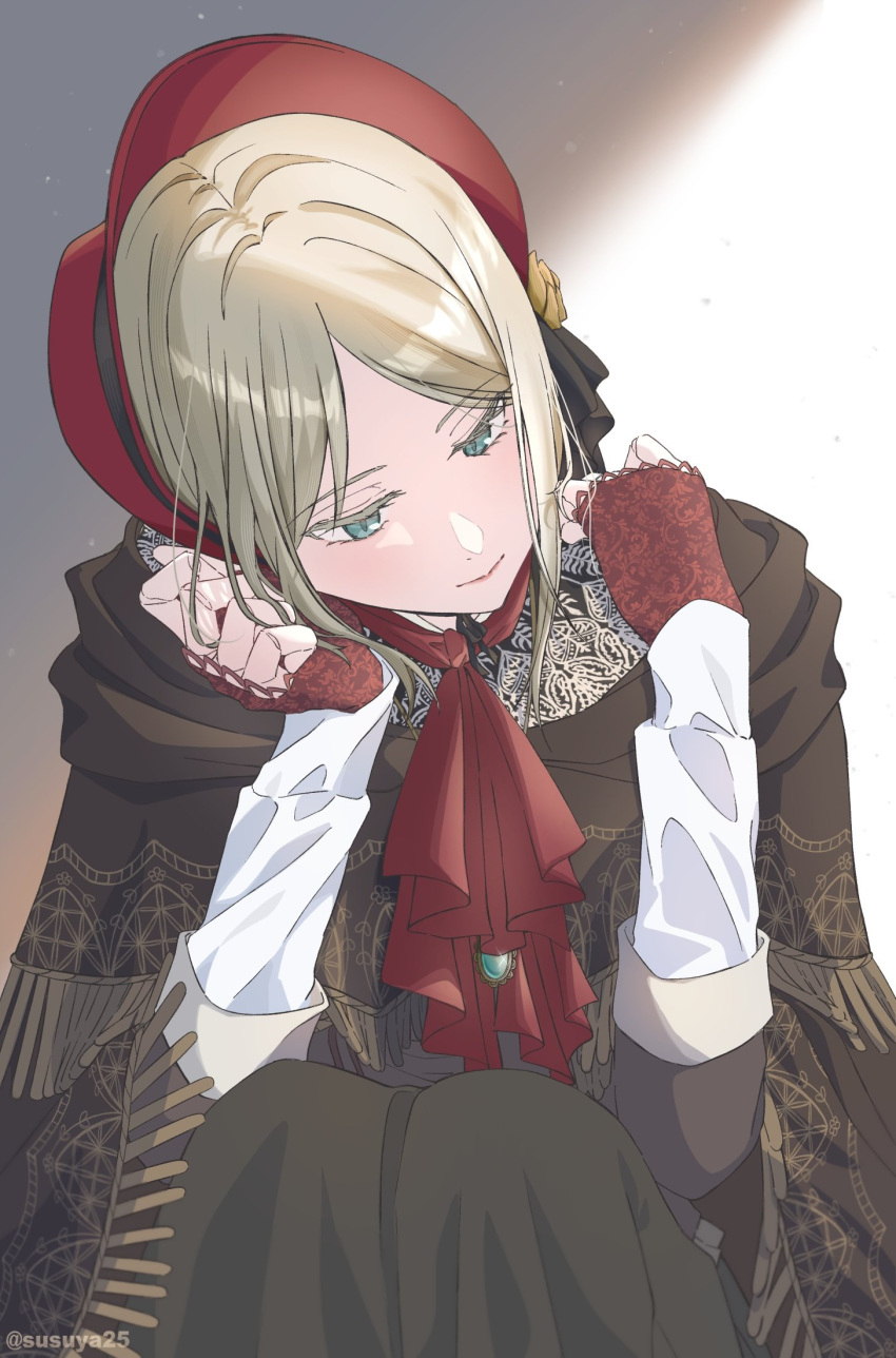 Safebooru - 1girl ascot blonde hair bloodborne bonnet brown cloak cloak closed mouth commentary ...