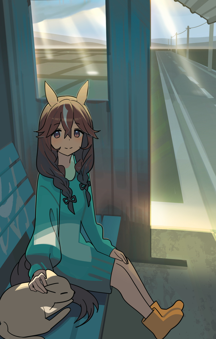 Safebooru - 1girl absurdres animal ears ashinowoto blush brown eyes brown hair bus stop casual ...
