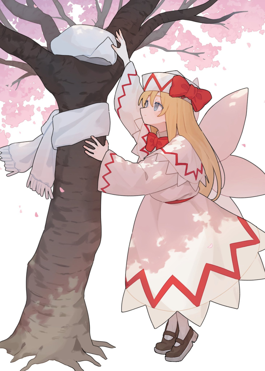 Safebooru - 1girl black shoes blonde hair blue eyes bow capelet cherry blossoms closed mouth ...