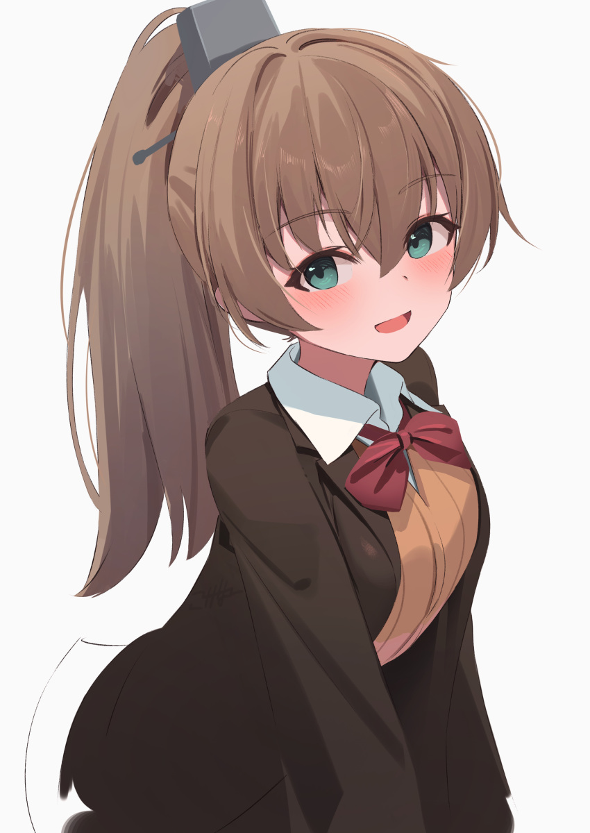 Safebooru - 1girl absurdres blazer bow bowtie brown cardigan brown hair brown jacket cardigan ...