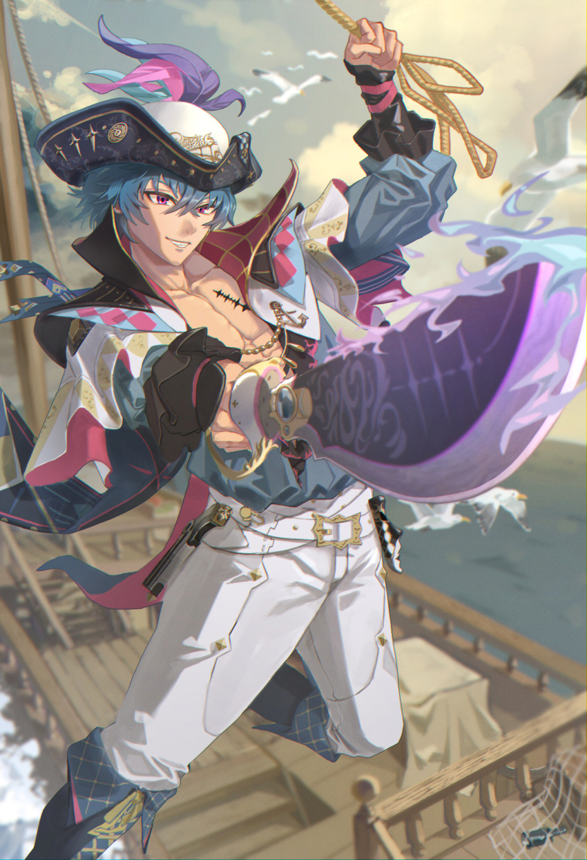 Safebooru - 1boy blue hair blue shirt brant (wuthering waves) collarbone commentary dongkas ...