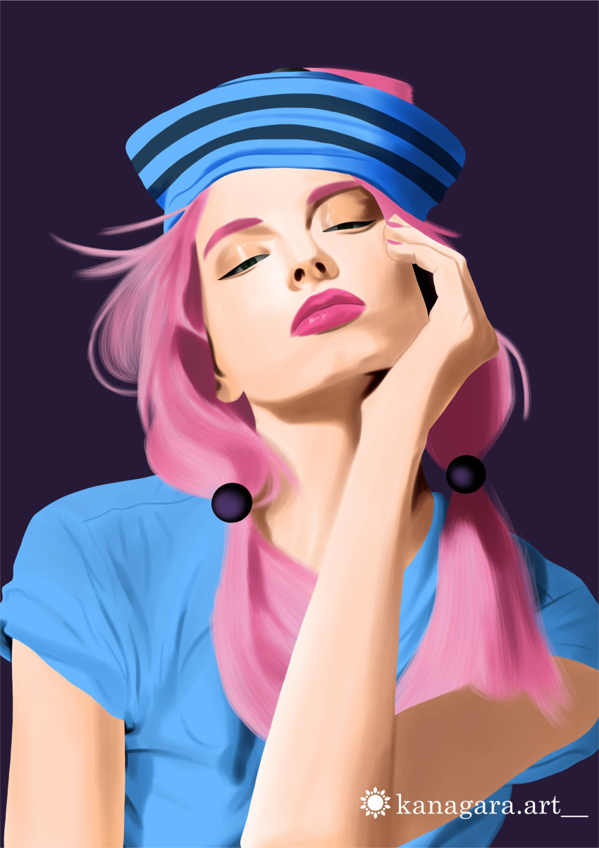 Safebooru - 1girl absurdres arm up blue hat blue shirt dixie cup hat hair bobbles hair ornament ...