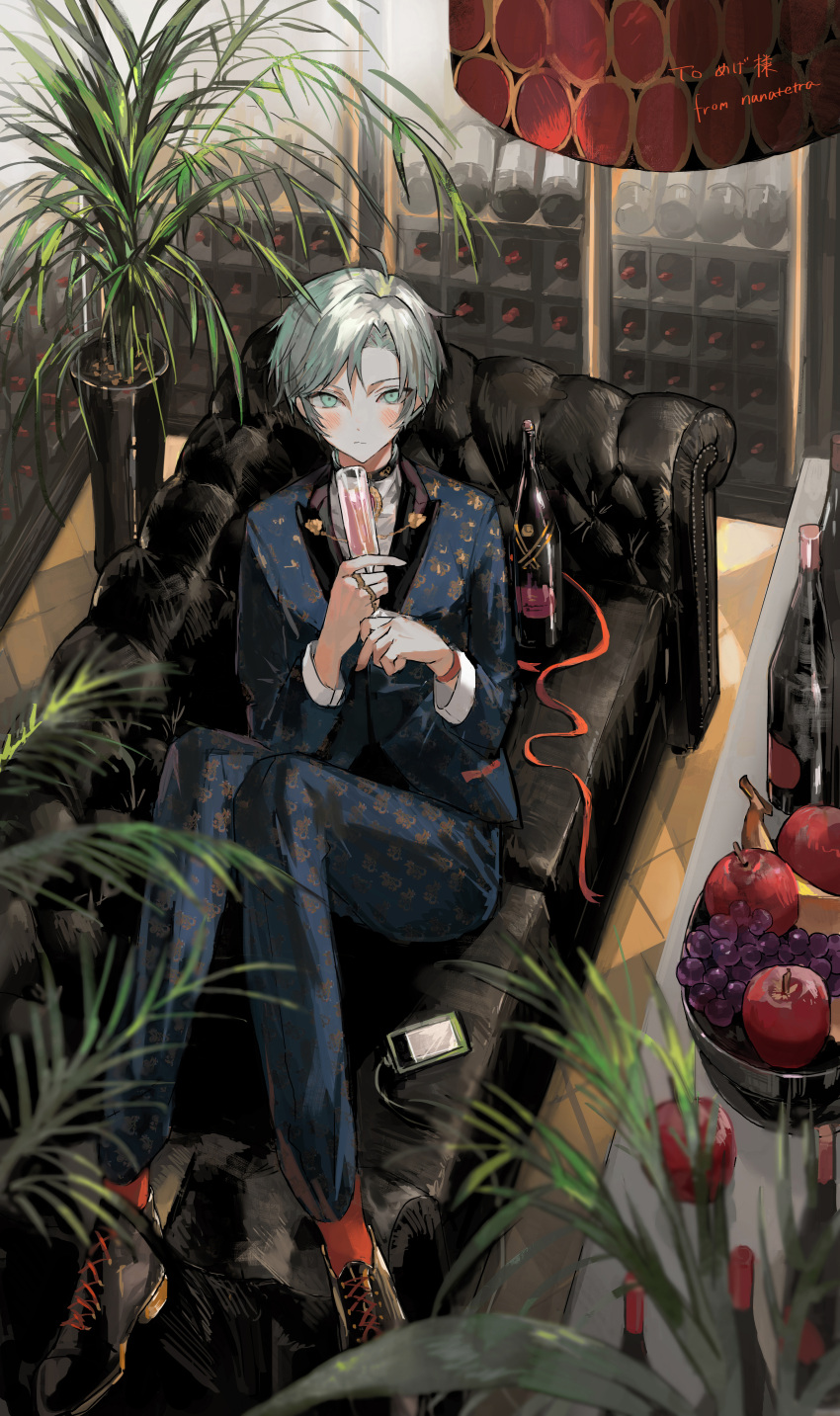 Safebooru - 1boy :/ absurdres ahoge apple artist name banana black boots black collar blue ...