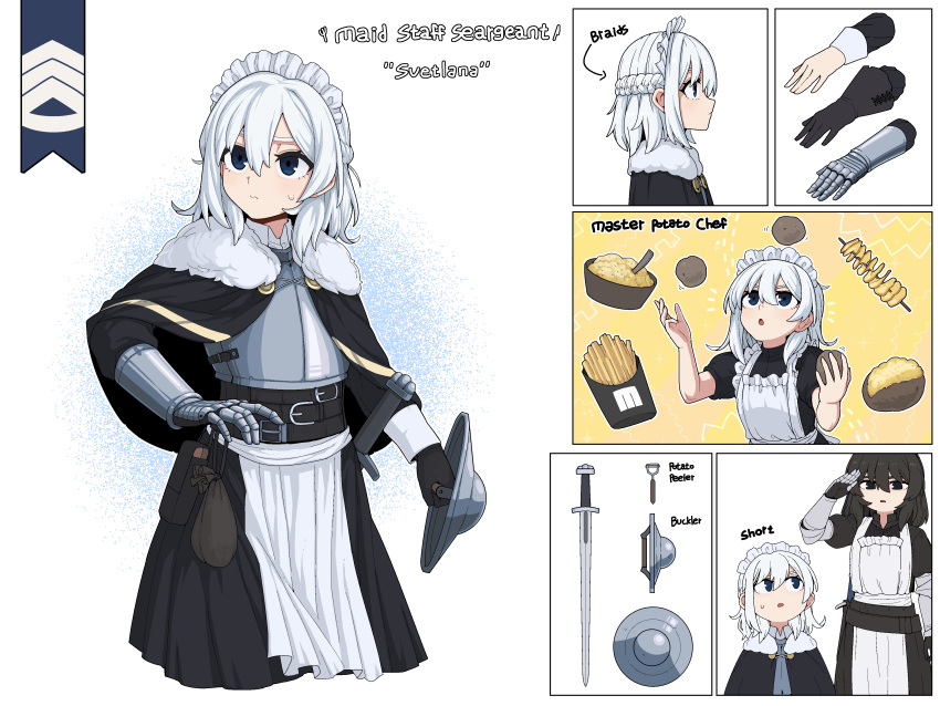 Safebooru - 2girls absurdres armor baked potato black capelet black dress black hair blue eyes ...