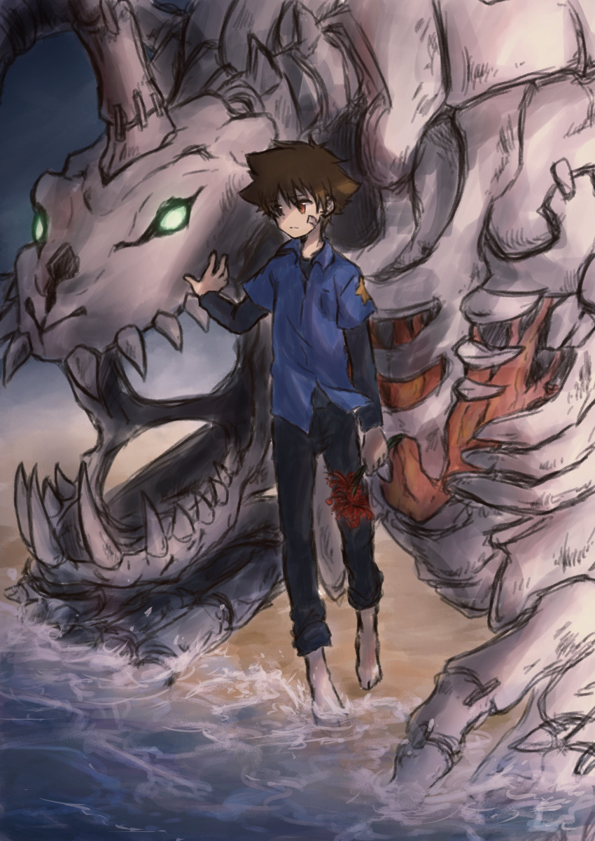 Safebooru - 1boy absurdres beach blue shirt brown eyes brown hair digimon digimon adventure 02 ...