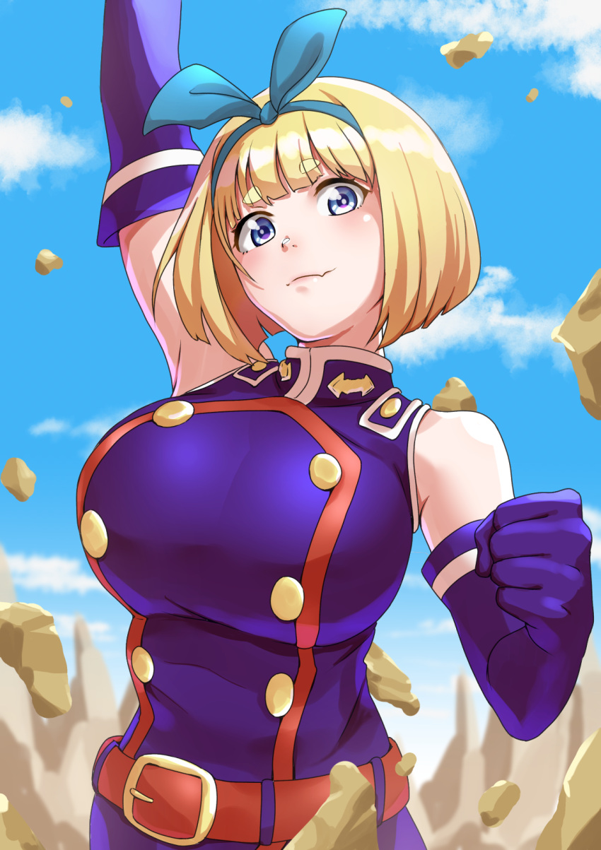 Safebooru 1girl Arm Up Belt Blonde Hair Blue Sky Breasts Clenched 9382