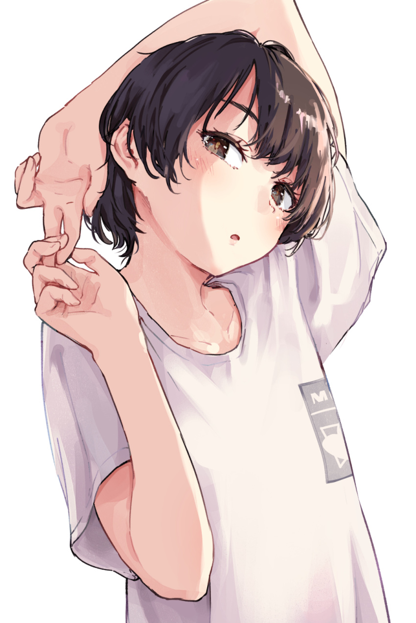 Safebooru - 1girl arm over head black eyes black hair blush collarbone d: head tilt highres ...