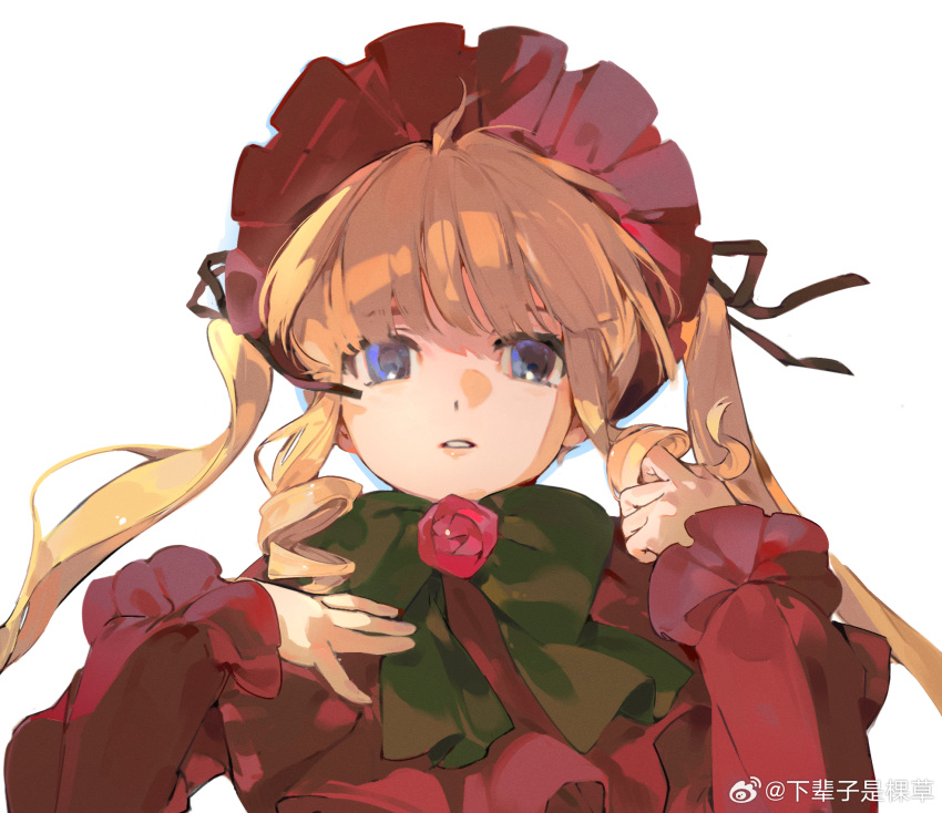 Safebooru - 1girl baifeidaiwang blonde hair blue eyes bonnet dress hand ...
