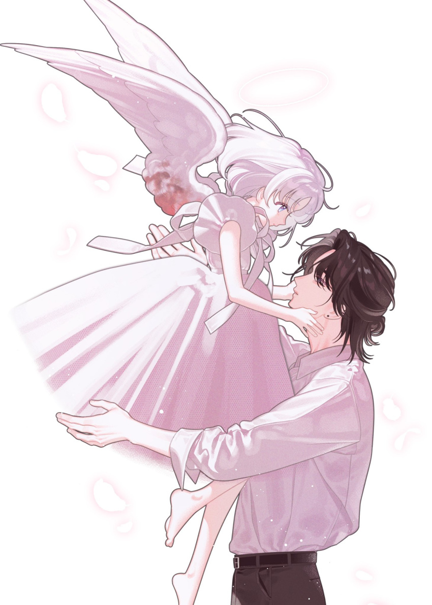 Safebooru - 1boy 1girl angel wings barefoot black hair bleeding blood couple dress feathered ...