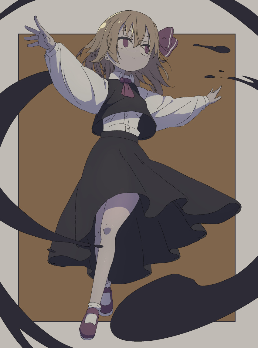 Safebooru - 1girl absurdres ascot black skirt black vest blonde hair border bow brown background ...