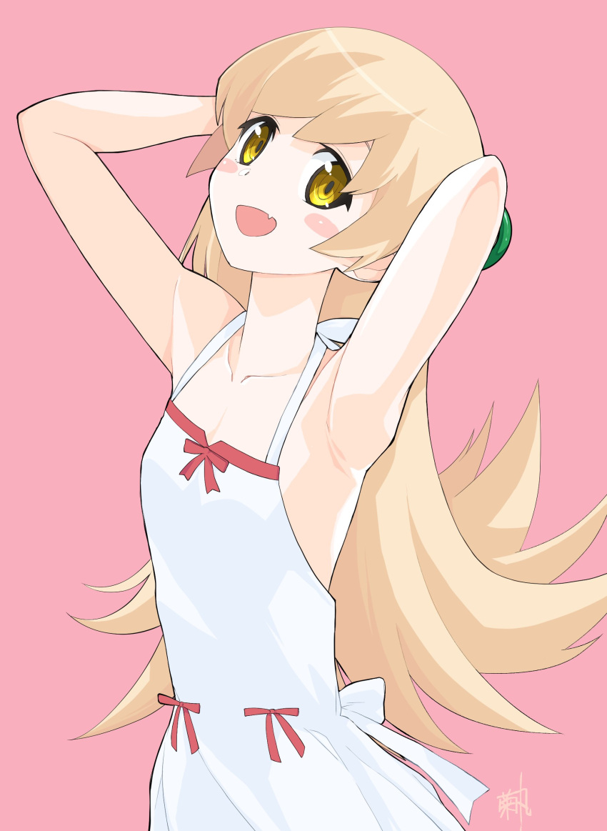 Safebooru - 1girl :d absurdres armpits arms behind head artist name bakemonogatari bare ...