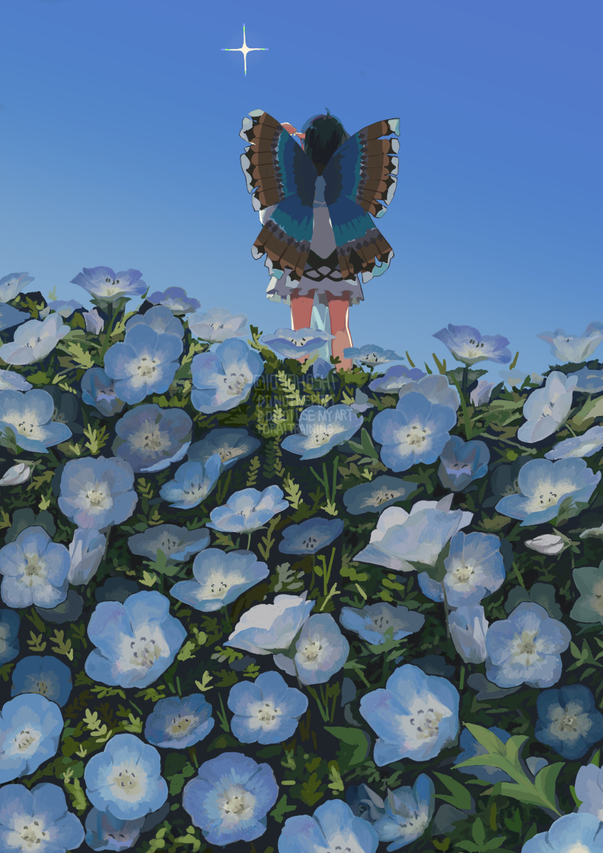 Safebooru - 1058hoshi 1girl absurdres blue hair butterfly wings dress ...