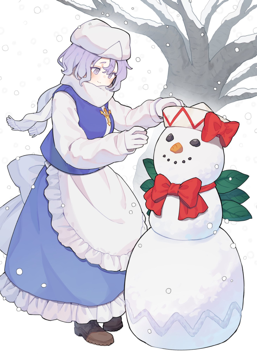 Safebooru - 1girl apron blue skirt blue vest bow brown shoes character snowman closed mouth ...