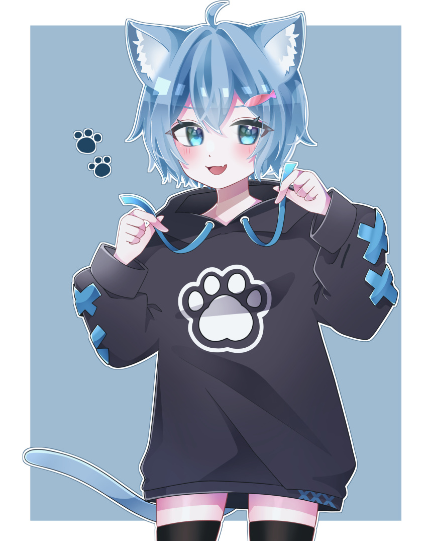 Safebooru - 1girl :3 :d absurdres ahoge animal ear fluff animal ears animal print black hoodie ...