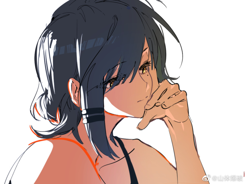 Safebooru - 1girl arm support bare shoulders black shirt blue hair bocchi the rock! collarbone ...