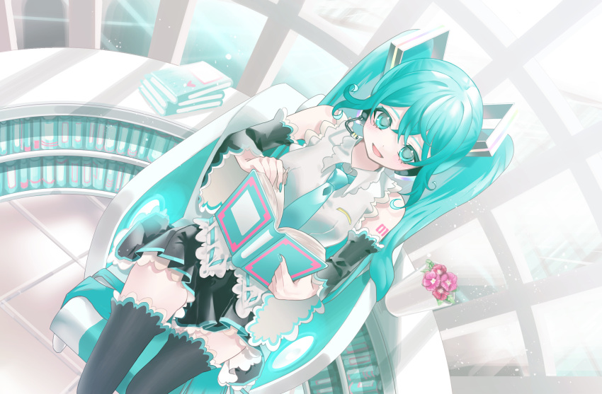 Safebooru - 1girl :d aqua eyes aqua hair aqua necktie black shoes black skirt black sleeves book ...