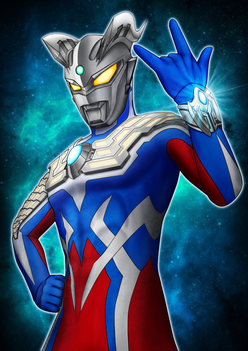 Safebooru - 1boy \m/ abs alien armor blue background blue skin bracelet ...