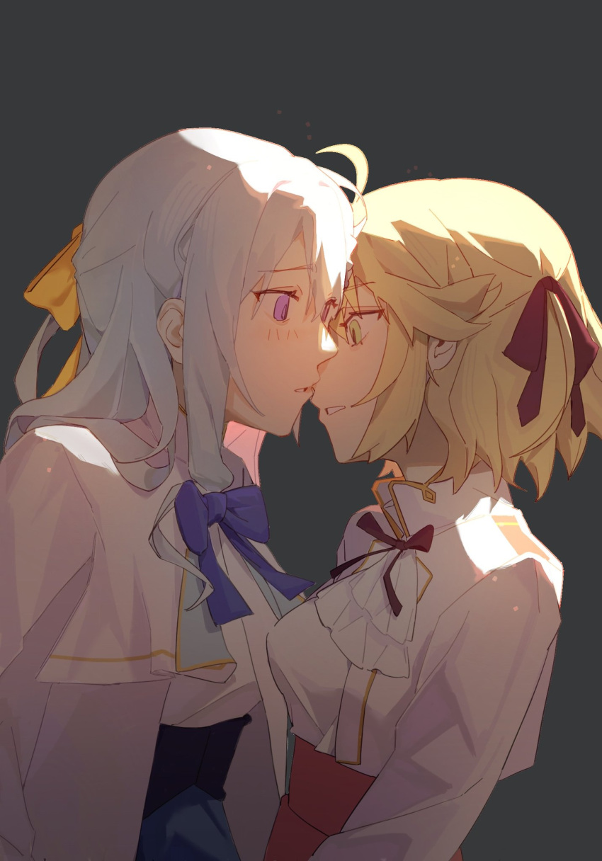 Safebooru - 2girls anisphia wynn palettia black ribbon blonde hair blue skirt blush commentary ...