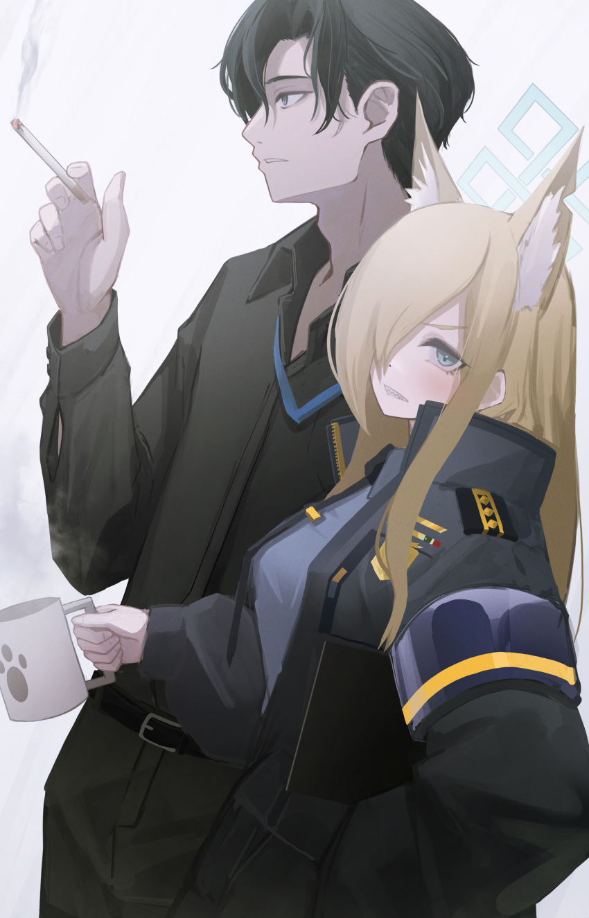 Safebooru - 1boy 1girl absurdres animal ear fluff animal ears armband black hair black jacket ...