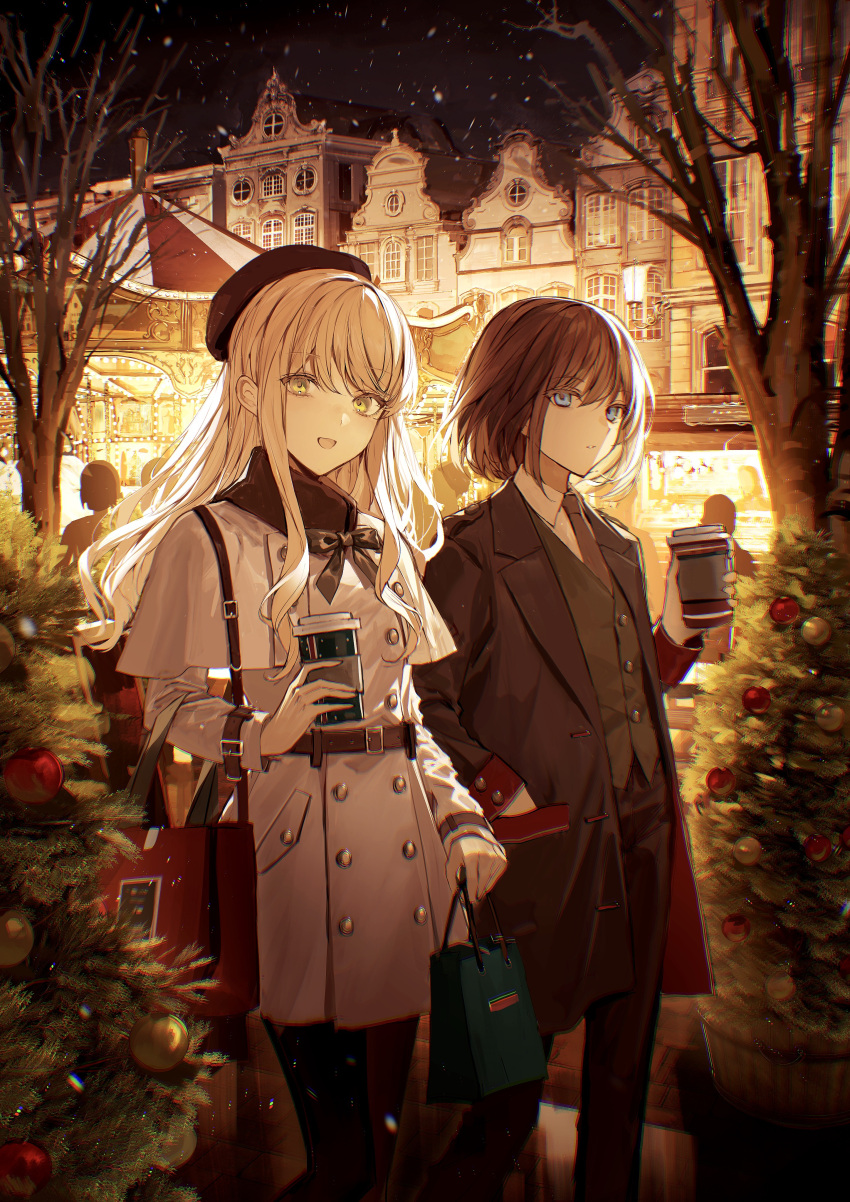 Safebooru - 2girls absurdres bag belt belt buckle beret black bow black hat black jacket black ...