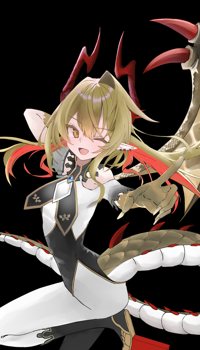 Safebooru - 1girl bare shoulders black background blonde hair dragon girl dragon horns dragon ...