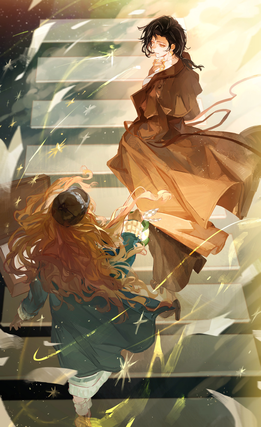 Safebooru - 2girls absurdres ascot black hair blue coat brown coat brown hair cabbie hat coat ...