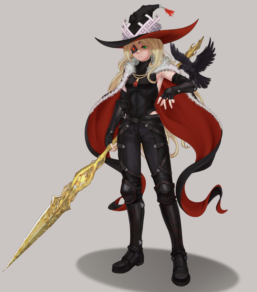 Safebooru - 1girl absurdres bird black boots black cape black gloves black hat black pants ...