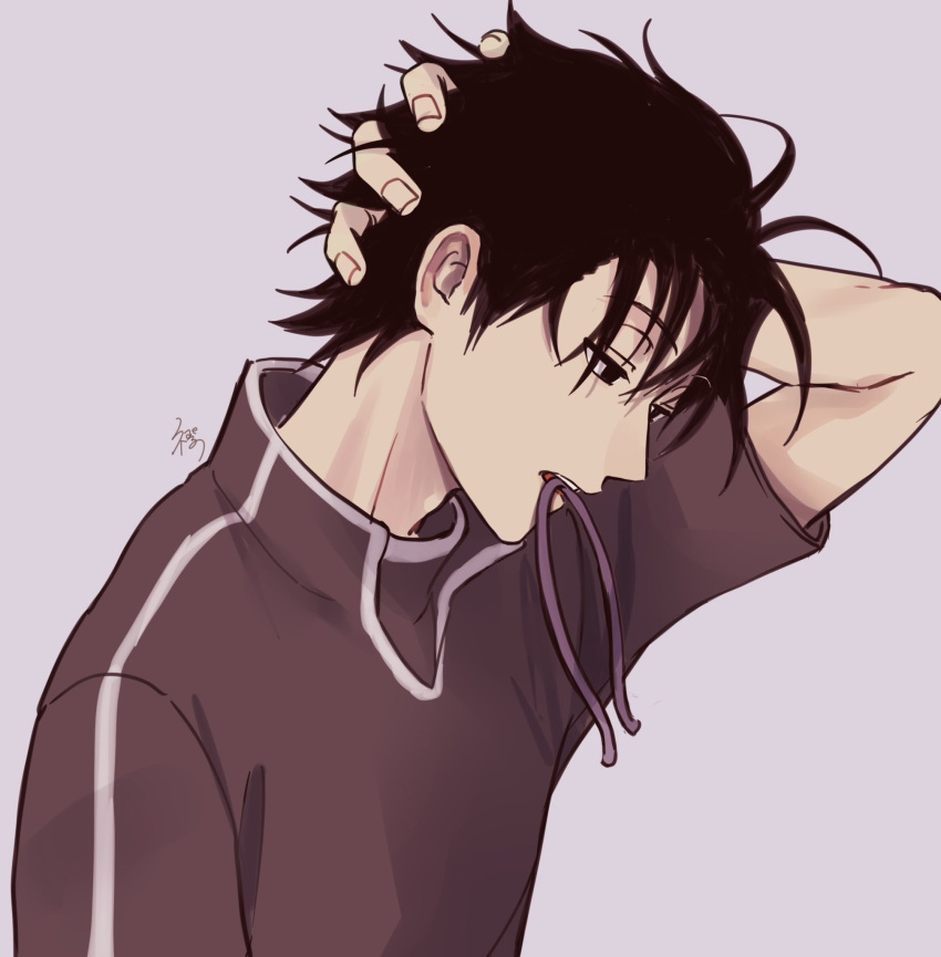 Safebooru - 1boy arm behind head arm up black eyes black hair black shirt erinan grey background ...