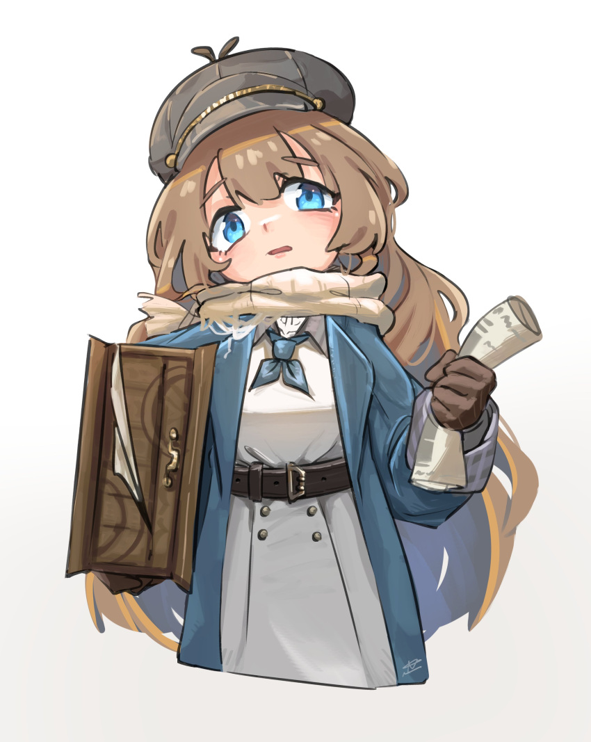 Safebooru - 1girl absurdres belt blue coat blue eyes blue neckerchief brown belt brown gloves ...