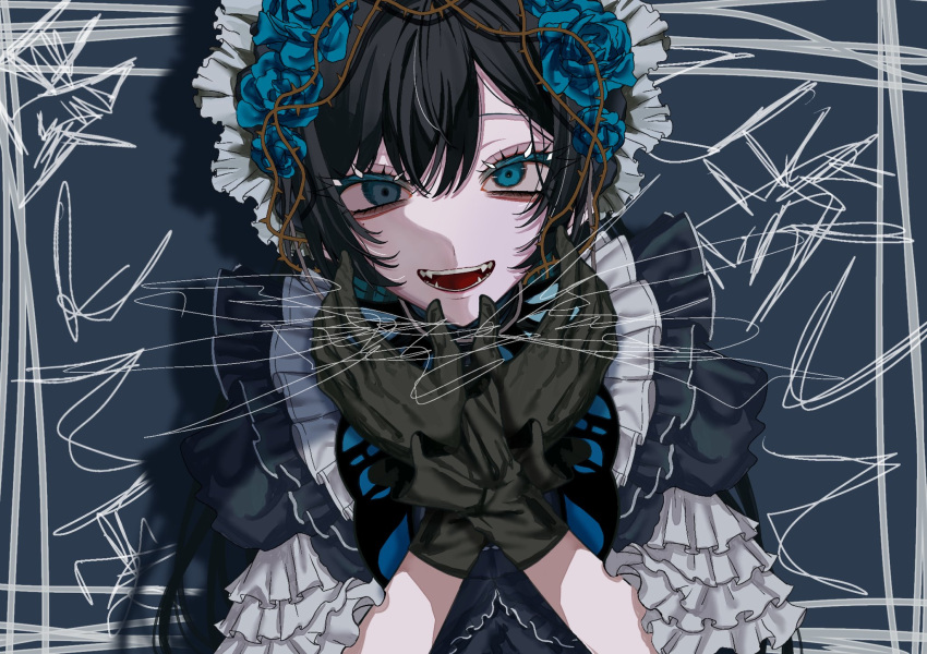 Safebooru - 1girl ado (utaite) black gloves black hair blue eyes blue flower blue rose chando ...