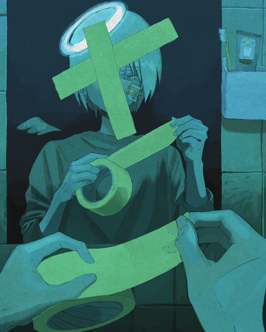 Safebooru - 1boy angel angel wings bandage on face bandages bathroom broken mirror dim lighting ...