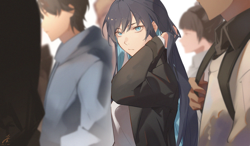 Safebooru - 1girl absurdres ado (utaite) black coat black hair blue eyes blue hair blurry blurry ...