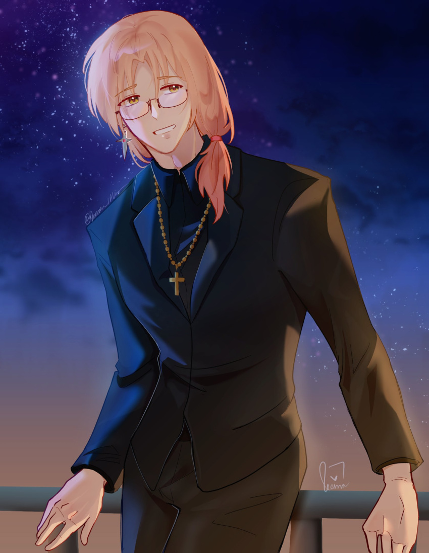 Safebooru - 1boy black jacket black pants black shirt brown eyes brown hair collared shirt cross ...