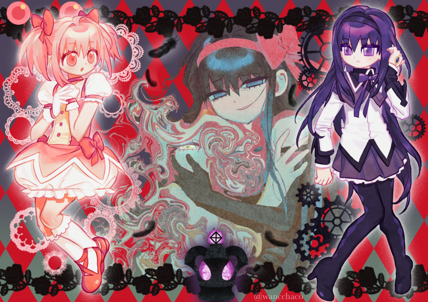 Safebooru - 2girls akemi homura akemi homura (magical girl) akuma homura argyle background boots ...