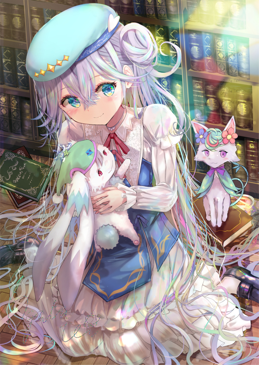 Safebooru - 1girl animal animal ears beret black shoes blue eyes blue hair blue hat blush book ...