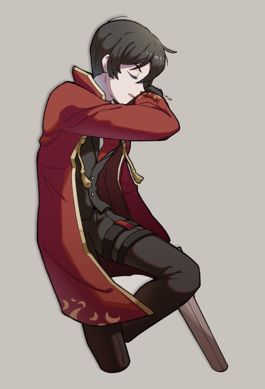 Safebooru - 1boy black hair black pants black vest blood closed eyes collared shirt cowboy shot ...