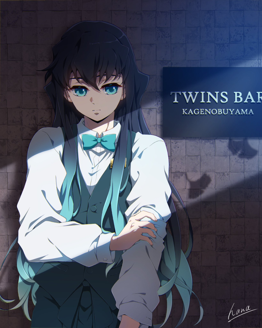 Safebooru - 1boy alternate costume aqua bow aqua bowtie aqua eyes aqua hair black hair black ...