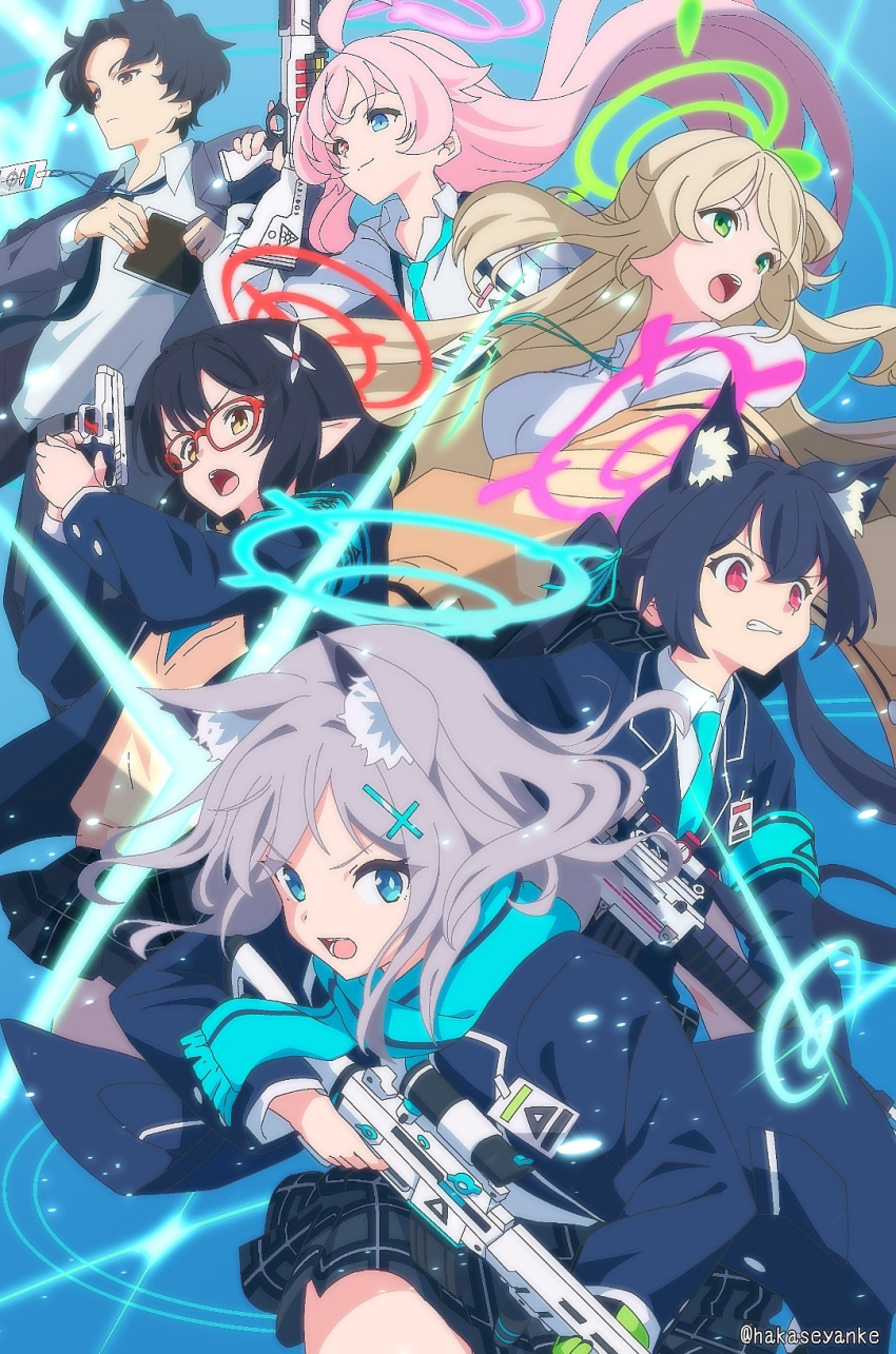 Safebooru - 1boy 5girls :3 :d ahoge animal ear fluff animal ears aqua armband aqua necktie aqua ...