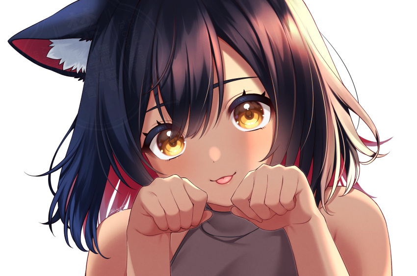 Safebooru - 1girl :p animal ear fluff animal ears black hair brown shirt cat ears cat girl ...