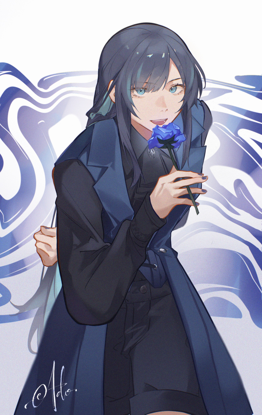 Safebooru - 1girl ado (utaite) black coat black hair black pants black shirt blue eyes blue ...