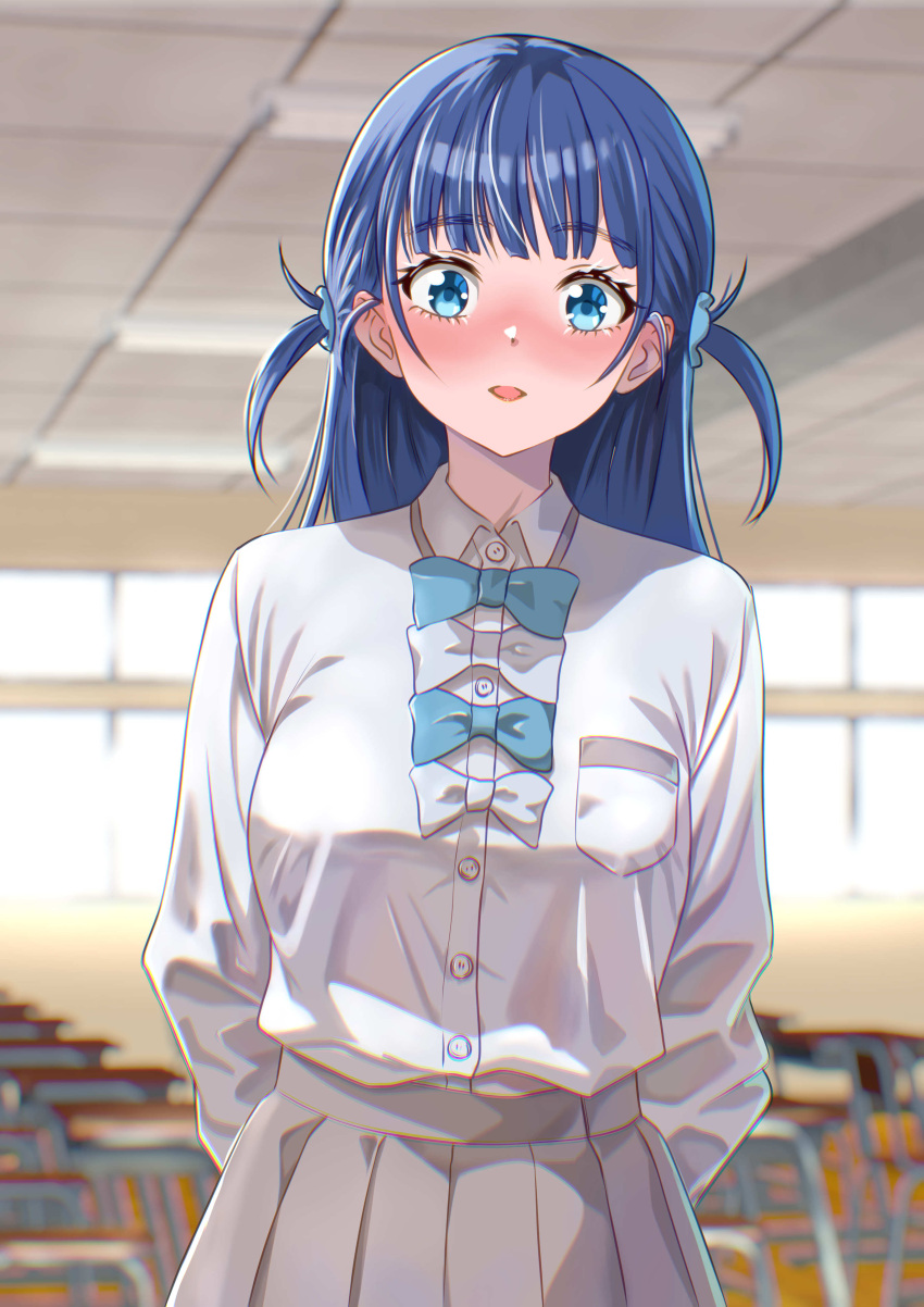 Safebooru - 1girl absurdres basori tiara blue bow blue bowtie blue eyes blue hair blurry blurry ...