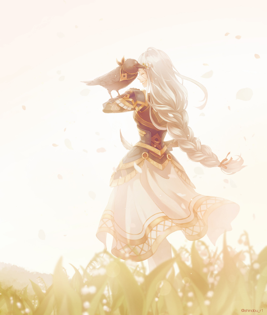 Safebooru - 1girl armor armored dress bird blue armor braid crow dress feathers flower full body ...