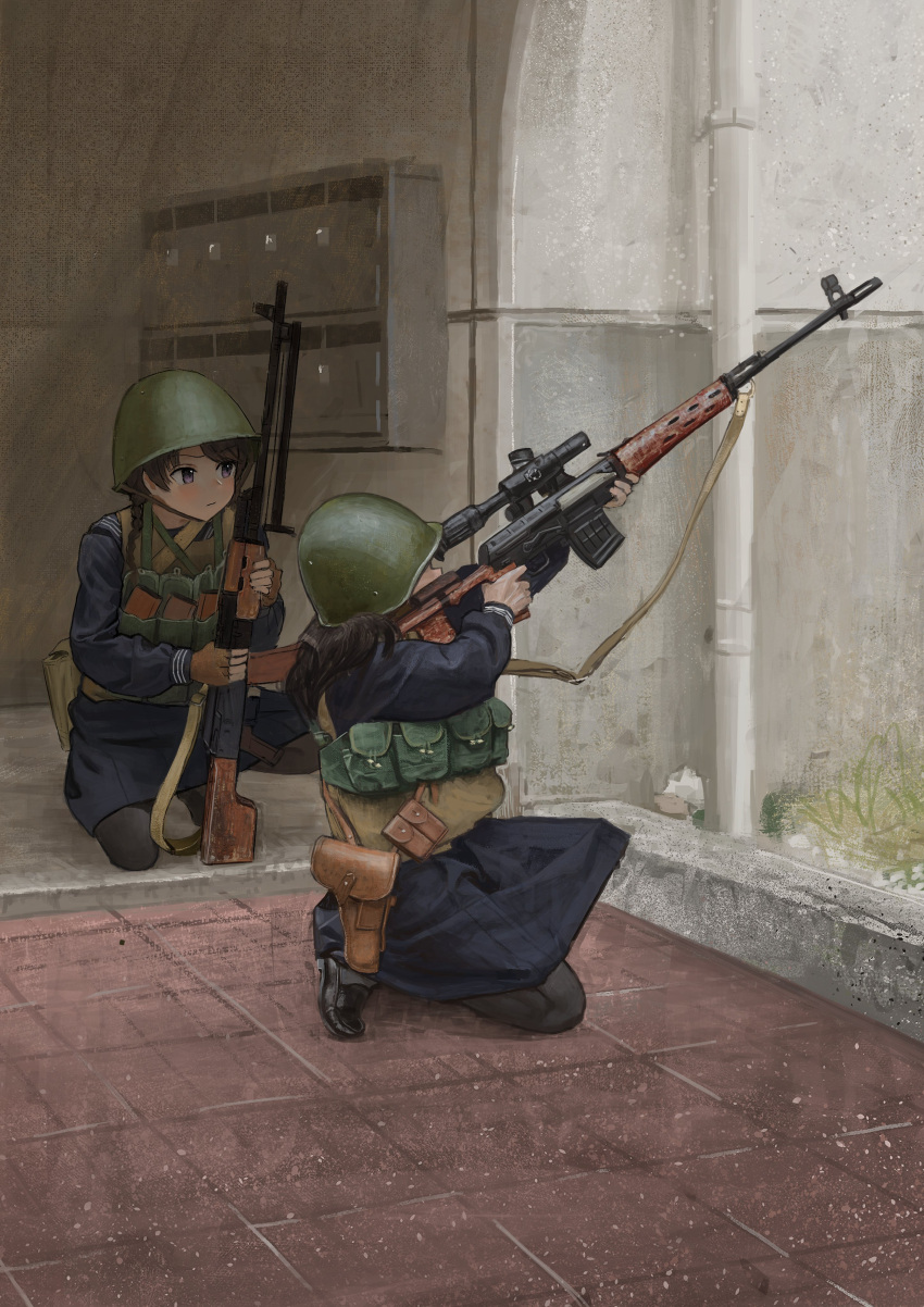 Safebooru - 2girls absurdres aiming blue jacket blue serafuku blue skirt brown eyes brown hair ...